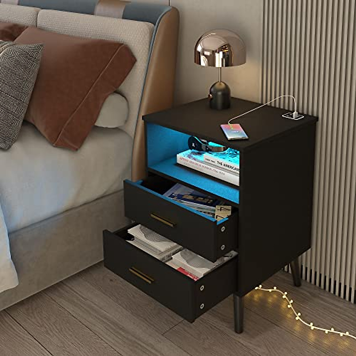 LVSOMT Black Nightstand with Charging Station and LED Lights, Modern Bedside Table Smart Night Stand, End Side Table with 2 Drawers, Open Storage Shelf, USB Port for Bedroom Living Room