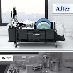 Kitsure Dish Drying Rack Large - Stainless Steel Dish Rack for Kitchen Counter, Dish Drainer with Drainboard Connected to The Sink, Dish Holder for Cups, Cutlery & Cutting Board, Black, Single-tiers