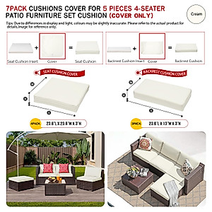ClawsCover 7Pack Outdoor Patio Seat and Back Cushions Replacement Covers Fit for 3/5 Pieces 4-Seater Wicker Rattan Furniture Conversation Set Sectional Couch,Cream-Small (Include Cover Only)