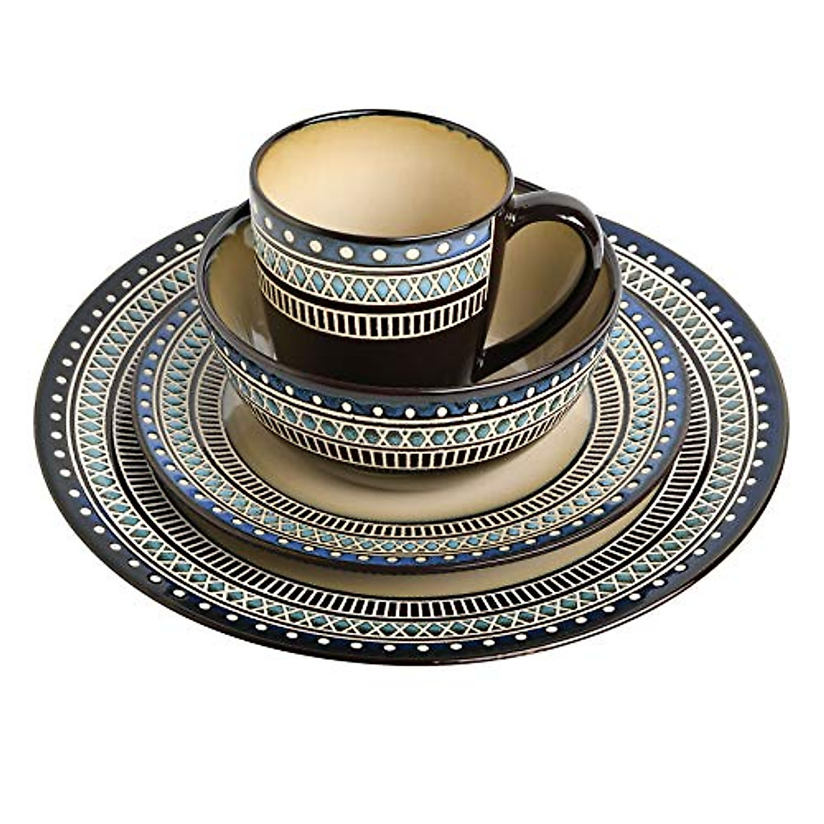 Gibson Elite Round Embossed Reactive Glaze Stoneware Dinnerware Set, Service for 4 (16pcs), Blue/Brown