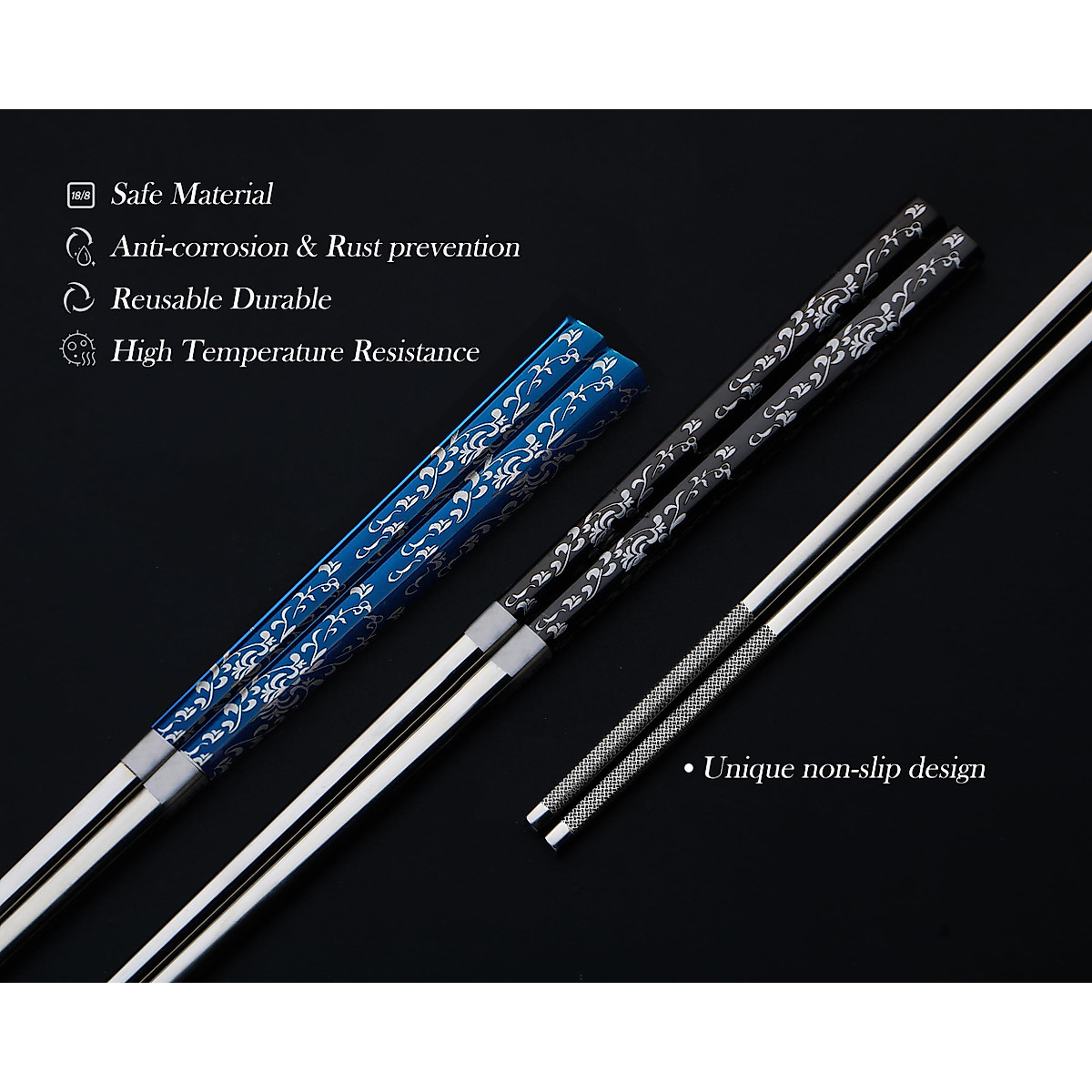 Metal Chopsticks With Case Stainless Steel Chopsticks Titanium Plated Reusable Chopstick lightweight Engraved Non-slip 18/10 Korean Japanese Chinese Chopstick,Dishwasher Safe 5 Pairs Set(BJ-Multi05)