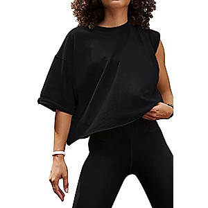 Women's Oversize Crop Tops Casual Half Sleeve Drop Shoulder T-Shirts Roll Hem Basic Workout Loose Yoga Athletic Running Tees Black S