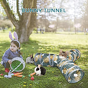 NANEEZOO Bunny Tunnels & Tubes Collapsible 3 Way Rabbit Hideout Small Animal Activity Tunnel Toys - for Dwarf Rabbits Bunny Guinea Pigs Kitty (Print Color)