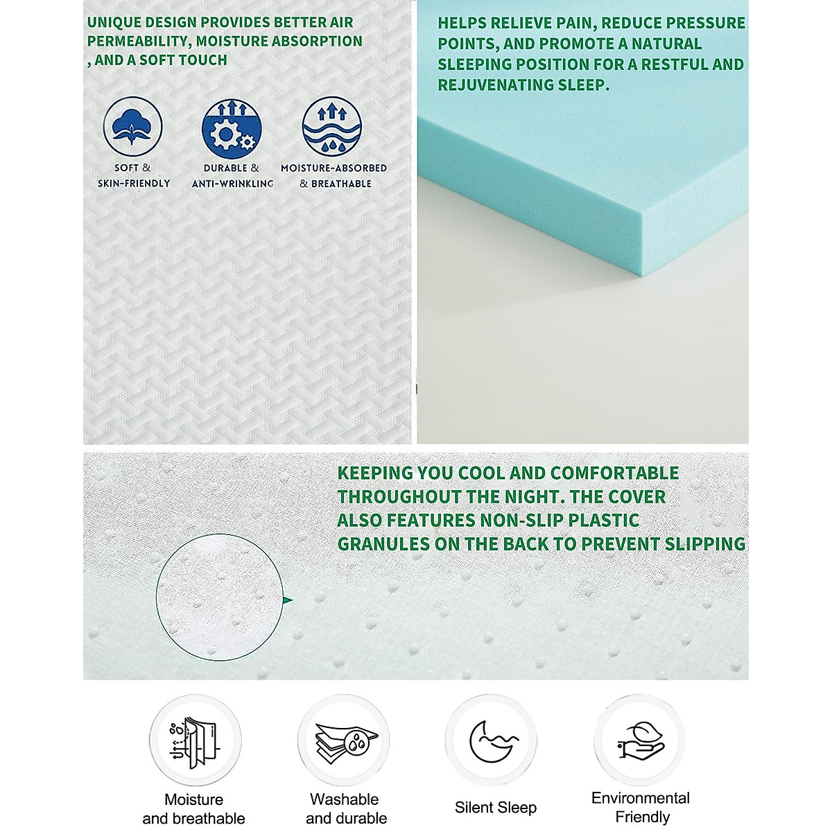 3 Inch Gel Infused Memory Foam Mattress Topper Queen Size, High Density Cooling Ventilated Design Memory Foam Bed Toppers-Ultra Plush Mattress Toppers