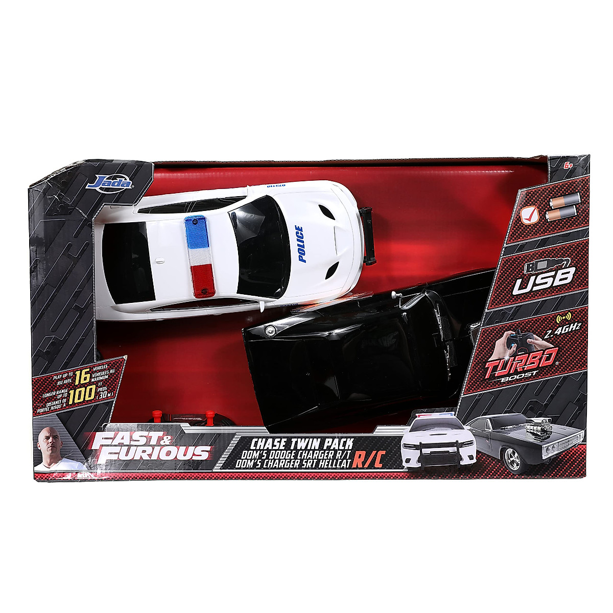 Jada Fast & Furious Chase Twin Pack- Dom's Dodge Charger R/T & Dodge Charger SRT Hellcat, Police & Chase Car Rc, USB Charged, Black and White
