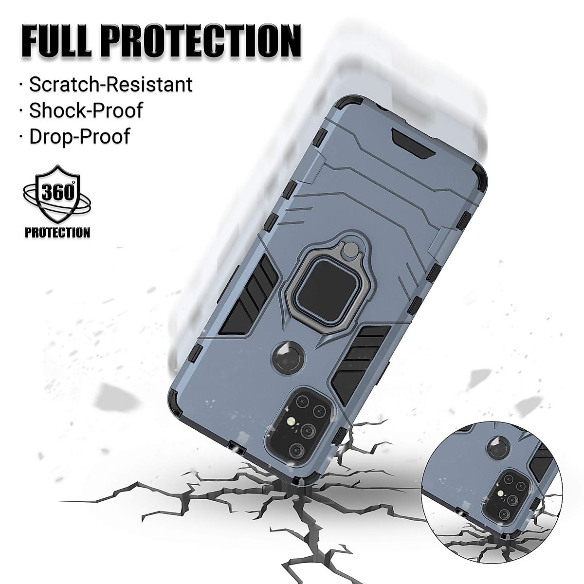 Jusy 3p Oneplus Nord N10 5G Case & Tempered Glass Screen Protector & Camera Protector for 1+ Nord N10, Protective Case with Rotate Holder Kickstand and Magnetic Plate for Oneplus Nord N10 (Navy)