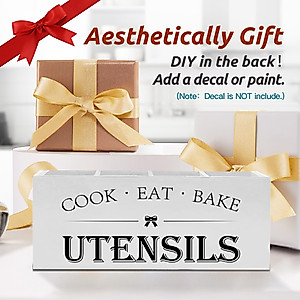 Suli Extra Large Kitchen Utensils Holder with 4 Compartments, Wooden Utensil Organizer for Kitchen Countertop, Farmhouse Kitchen Decor, Rustic Cooking Utensil - White