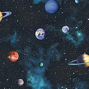 Arthouse Kids Cosmos Space Planets Charcoal Gray Wallpaper - Twinkling Stars on a Midnight Background with Green Accents - Amazing 3D Effect - Ideal for Teenager Bedroom - 668100