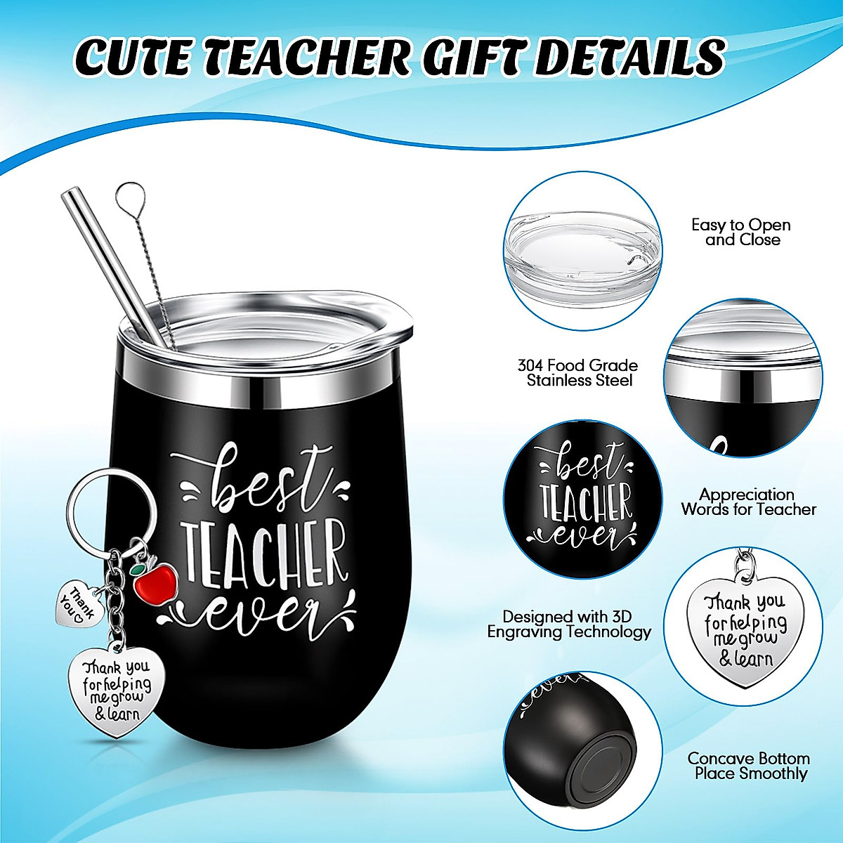Didaey 24 Pcs Teacher Appreciation Gift Sets 12 Oz Teacher Wine Tumbler for Women Thank You Birthday Graduation Gifts 12 Best Ever Cup and 12 Keychain(Black)