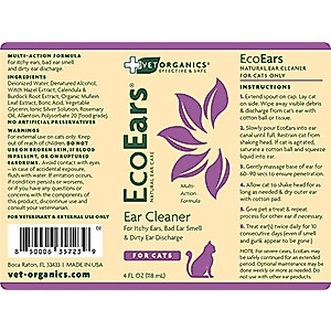 Vet Organics EcoEars Cat Ear Cleaner. Natural Multi-Action Formula. for Itch, Head Shaking, Discharge & Smell. Naturally Cleanses Away Common Problems. 100% Guaranteed (4 oz)