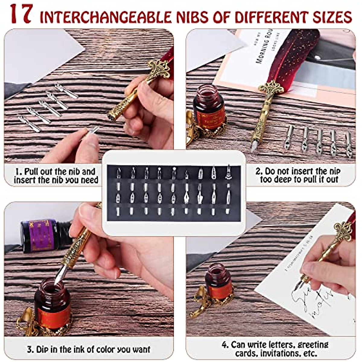 Lotkey Quill Pen and Ink Set, Calligraphy Pen Set for Beginners Including Feather Pen Glass Wooden Dipping Pen 6 Bottles Ink 17 Replaceable Nibs Pen Rack With Wax Seal Stamp Kit for Holiday Ideal Gift