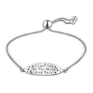 PORI JEWELERS 925 Sterling Silver I Love You To The Moon and Back Inspirational Quote Adjustable Charm Bracelet - Yellow or Silver (Silver)