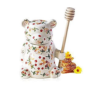 Ceramic Vintage Bear Honey Jar Retro Floral Storage Pot Decorative Pot with Wooden Dipper,10.1oz Viscous Liquid Storage Pot with Lid