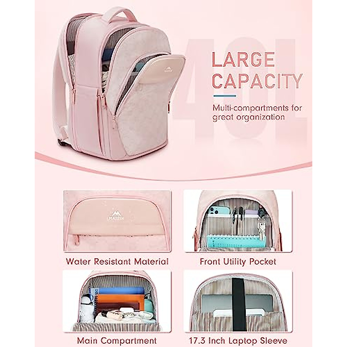 Backpack for Women College, Anti Theft 17 Inch Laptop Backpack with USB Charging Port, Large TSA Water Resistant Airline Approved Lightweight Travel Daypack Cute Nurse Work Weekender Computer Bag,Pink