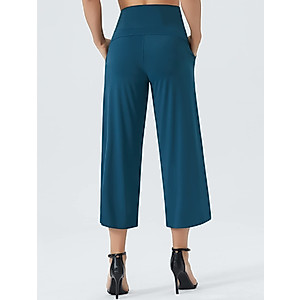 THE GYM PEOPLE Bootleg Yoga Capris Pants for Women Tummy Control High Waist Workout Flare Crop Pants with Pockets Dark Blue Green