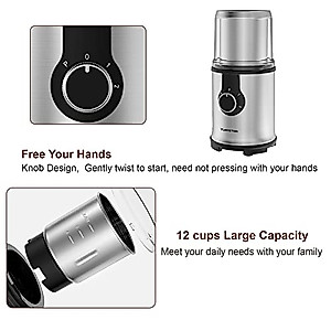 Coffee Grinder Electric, Spice Grinder with with 2 Detachable Stainless Steel Bowls, with Anti-splash Cover & Brush, 3.88oz/110g Capacity Coffee Bean Grinder, Dry & Wet for Corn Kernels, Herbs, Nuts