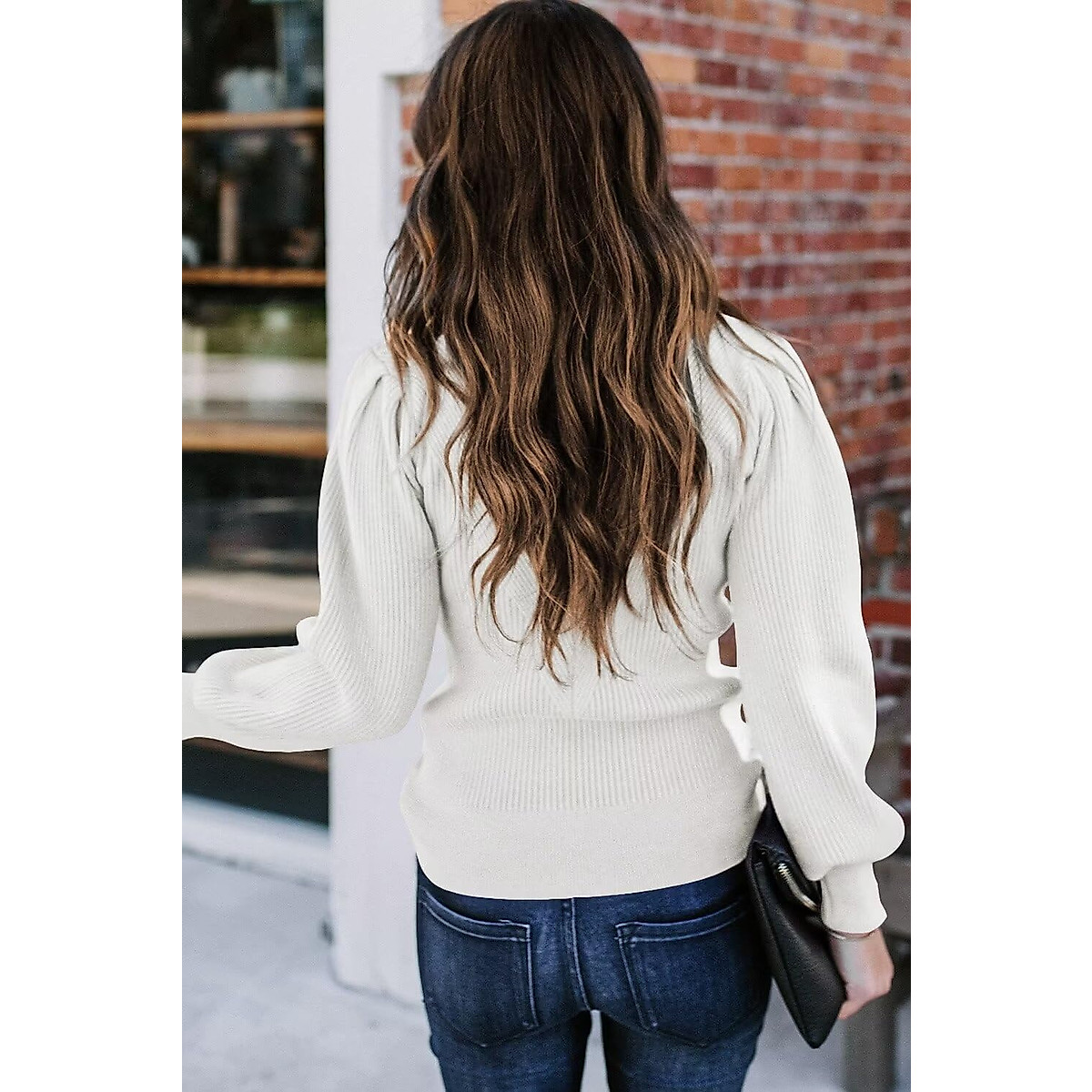 Dokotoo Women's Crewneck Puff Long Sleeve Ribbed Knit Sweater Casual Loose Solid Stretchy Pullover Jumper Tops Lightweight Sweaters for Women White Small