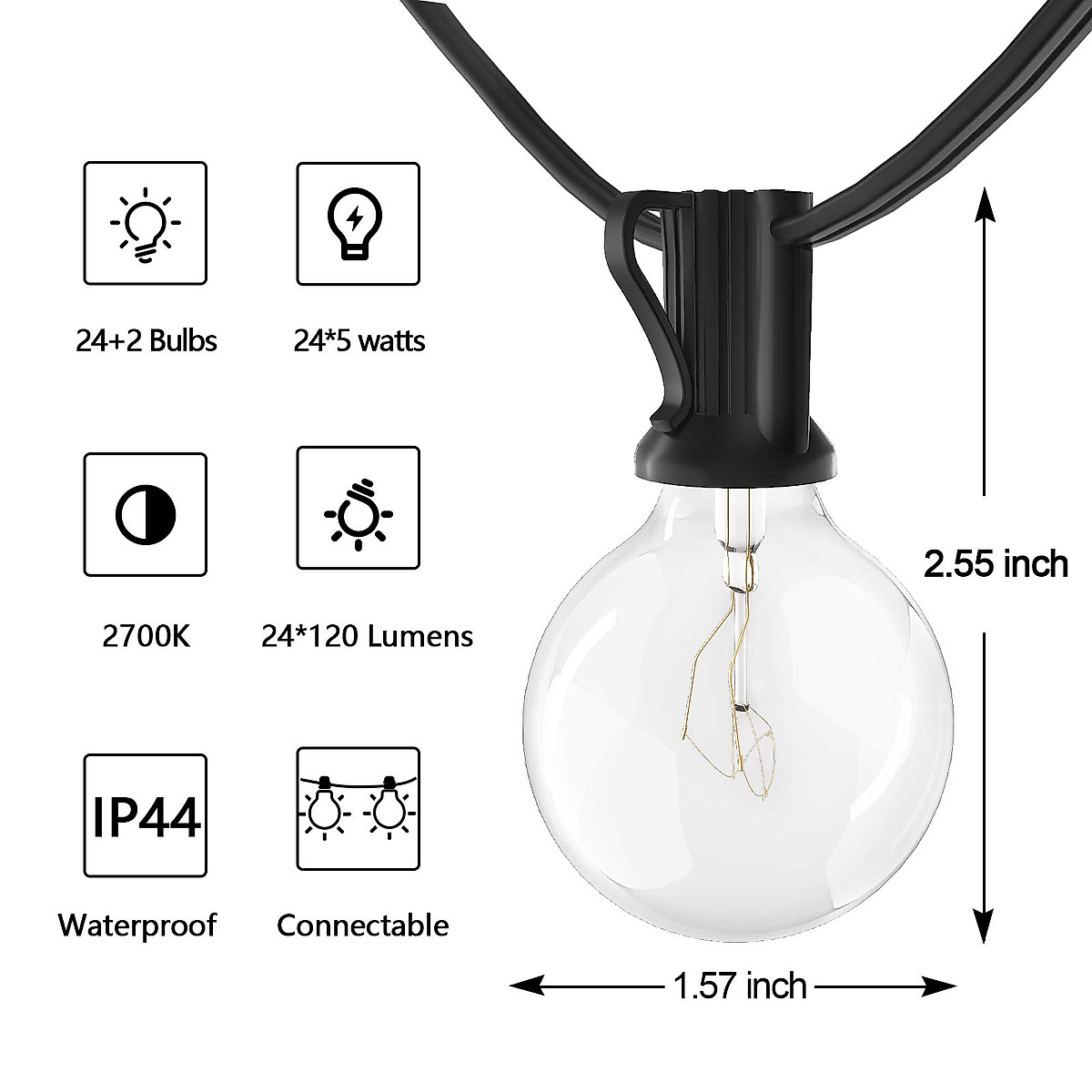 52FT Outdoor String Lights Connectable Patio Light with 5W Edison G40 Globe Bulbs 24 E12 Hanging Socket, 2700K Waterproof Cafe String Bistro Lighting for Party Porch Backyard Balcony Deck Garden Decor