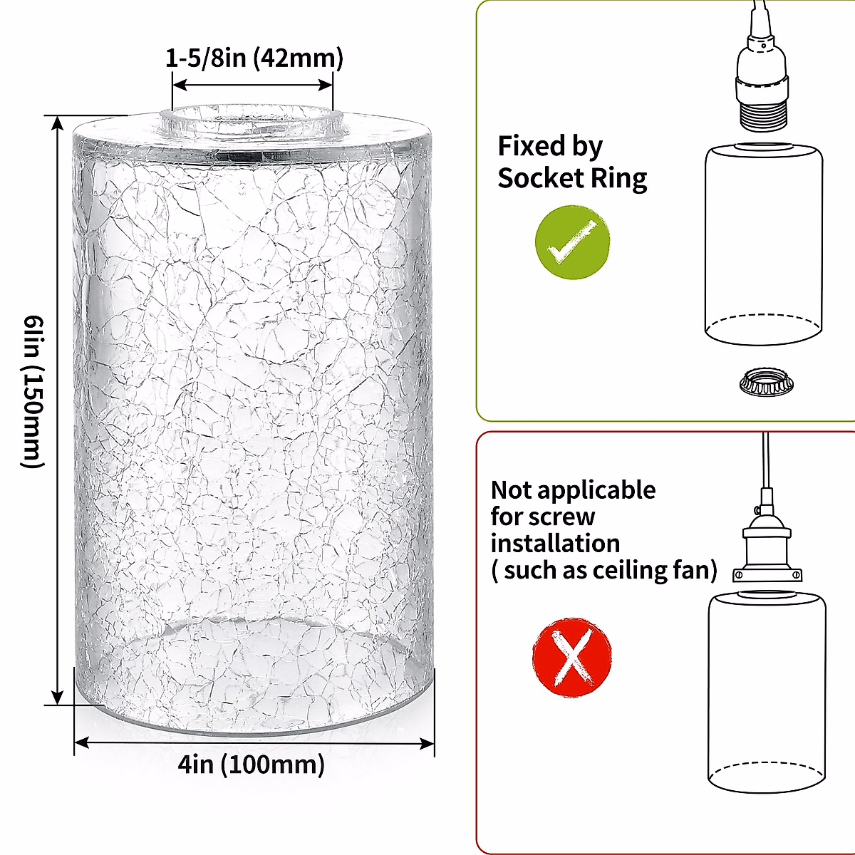 Skelang Clear Glass Shade, Light Shade with Crackle, Lampshade with 1-5/8" Fitter, Cylinder Replacement Shade for Pendant Light, Wall Sconce, Vanity Light, Table Lamp, Pack of 3