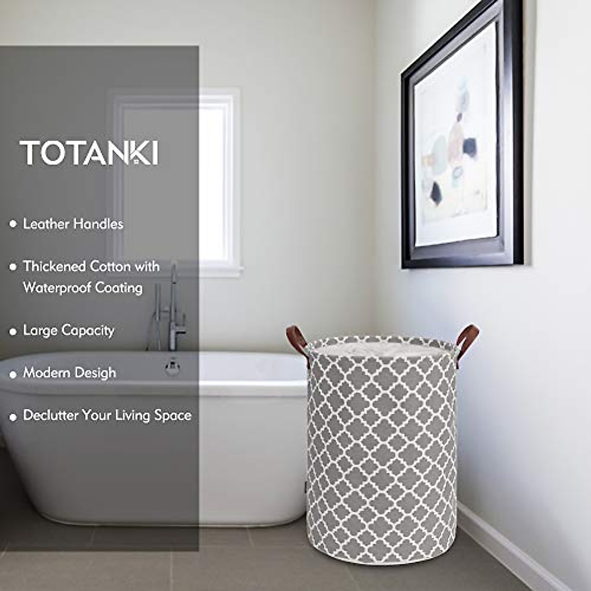 TOTANKI 48L Thickened Large Sized Laundry Basket with Durable Leather Handle, Drawstring Round Cotton Linen Collapsible Storage Basket,Dirty Clothes Hamper for Bedroom (Gray, L)