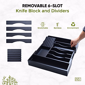 ENES-MM Bamboo Silverware Drawer Organizer Kitchen - Expandable Wood Utensil, Adjustable Cutlery Tray, Flatware Storage, Removable Knife Block and Dividers, Extra Gift Set Silicone Cooking Utensil