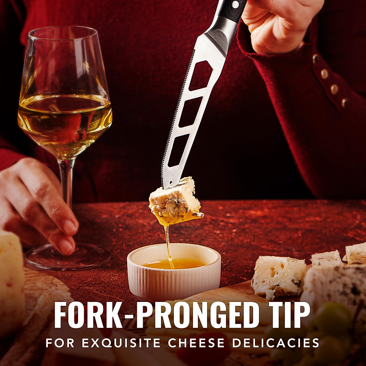 Cutluxe Cheese Knife – 5" Cheese Knife Slicer for Soft and Hard Cheese – Pronged, Serrated & Non Stick Blade – High Carbon German Steel, Full Tang & Ergonomic Handle Design – Artisan Series