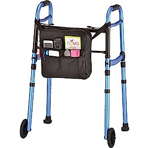 NOVA Medical Products Folding Walker with 5” Front Wheels, Glide Skis and Mobility Bag, Portable and Great for Travel, Blue