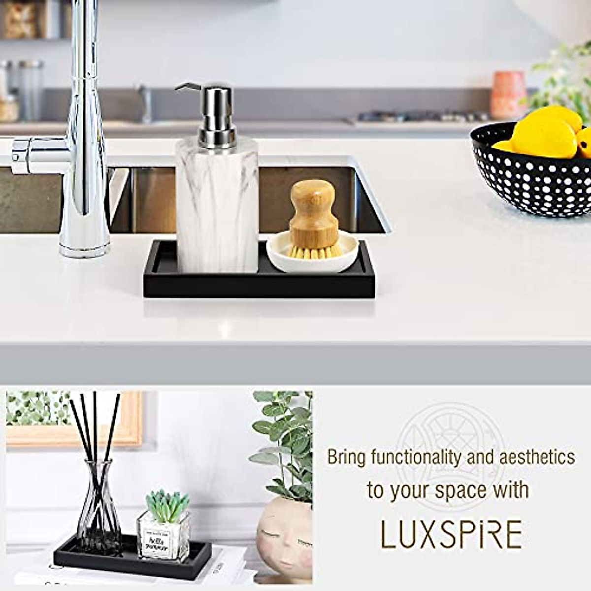Luxspire Bathroom Vanity Tray, 8 x 4 inch Resin Dresser Jewelry Ring Dish Tank Storage Kitchen Sink Countertop Organizer Plate Holder for Perfume Soap Towel Bathroom Accessories, Mini, Matte Black