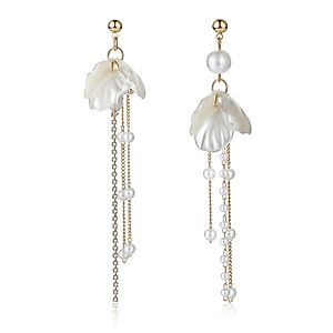 Kruckel Peach Blossom Floral Long Drop Dangling Earrings - Golden Studs with White Pearls, Jewelry for Women,Easy - Wear Fashion Design Accesory Packed with Durable Jewelry Box