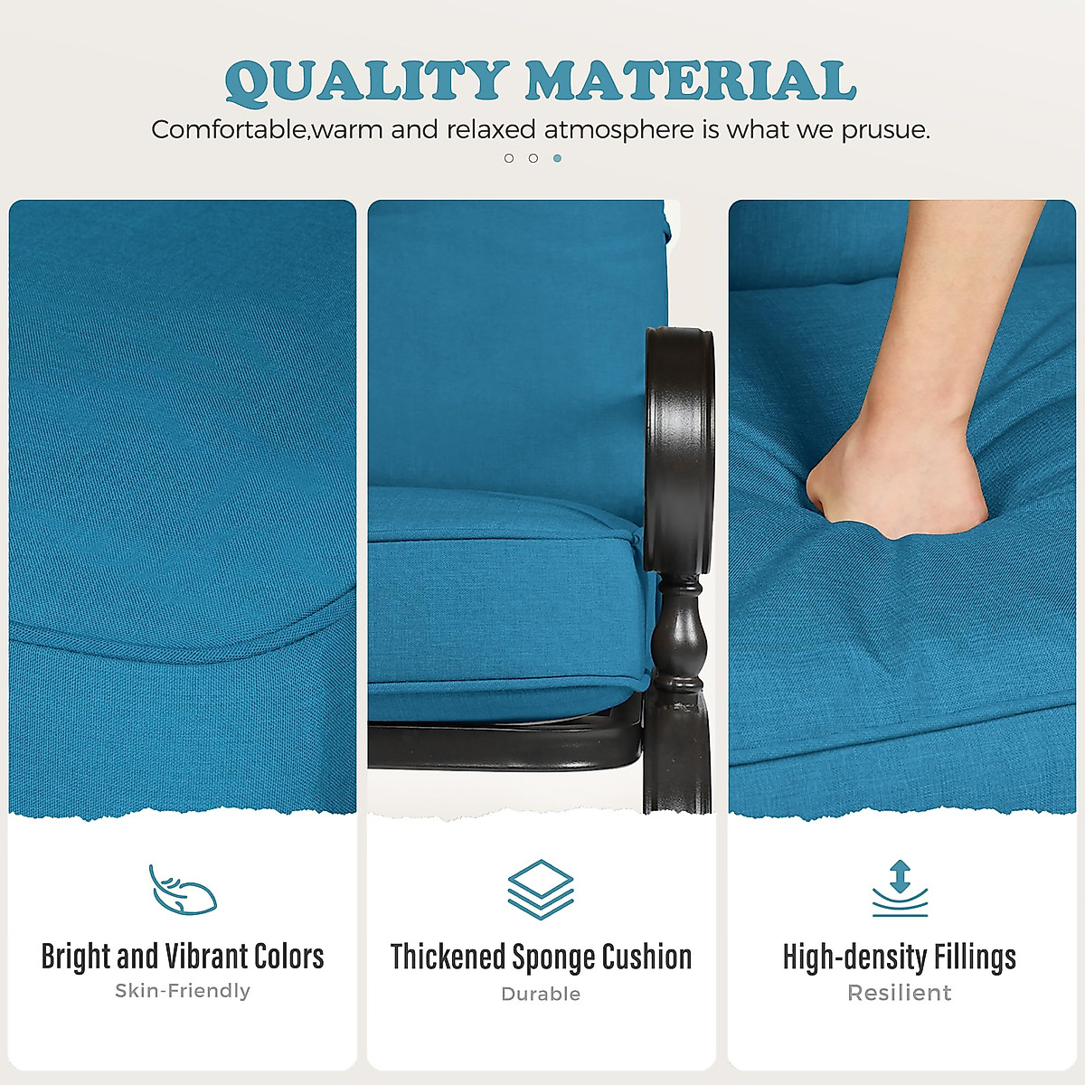 Patiomore Outdoor Bench Patio Swing Glider Loveseat 2 Seats Rocking Chair, Wrought Iron Chair Set with Blue Cushion