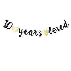 Black 10 Years Loved Banner,10th Birthday Party Decorations Photo Props,Celebrating 10th Wedding Anniversary Black Party Decoration.