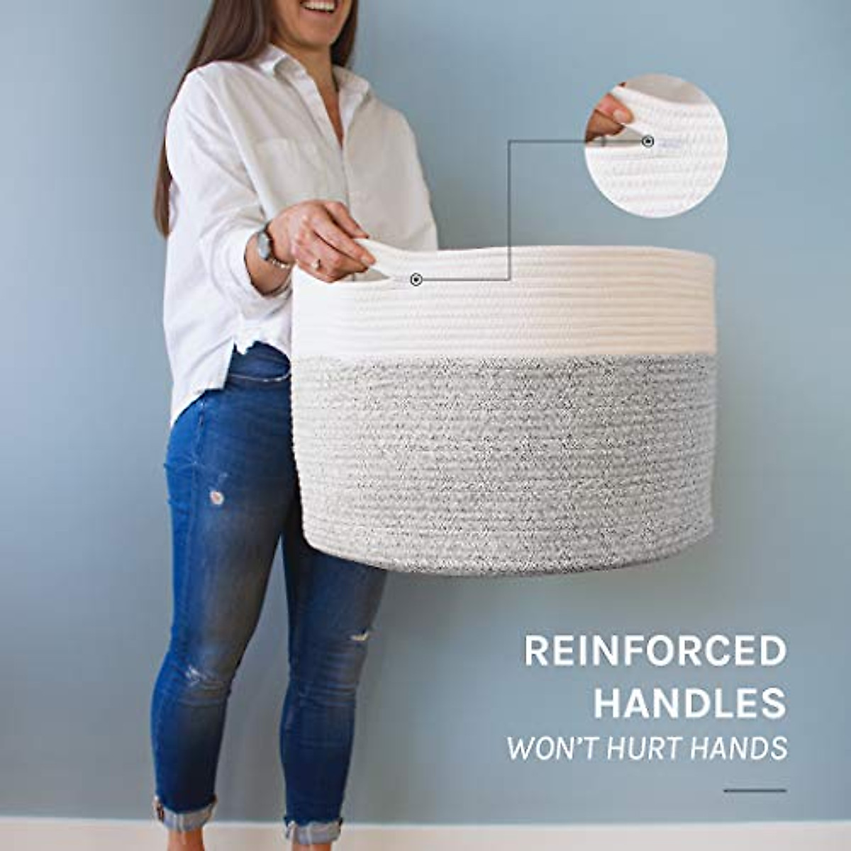 Cotton Rope Storage Basket, Extra Large Woven Basket with Handles for Living Room, Big Organizer for Throw Blankets Pillows Laundry Towels Nursery Toy Bin for Baby & Kids 20" x 20" x 13" Live Momento