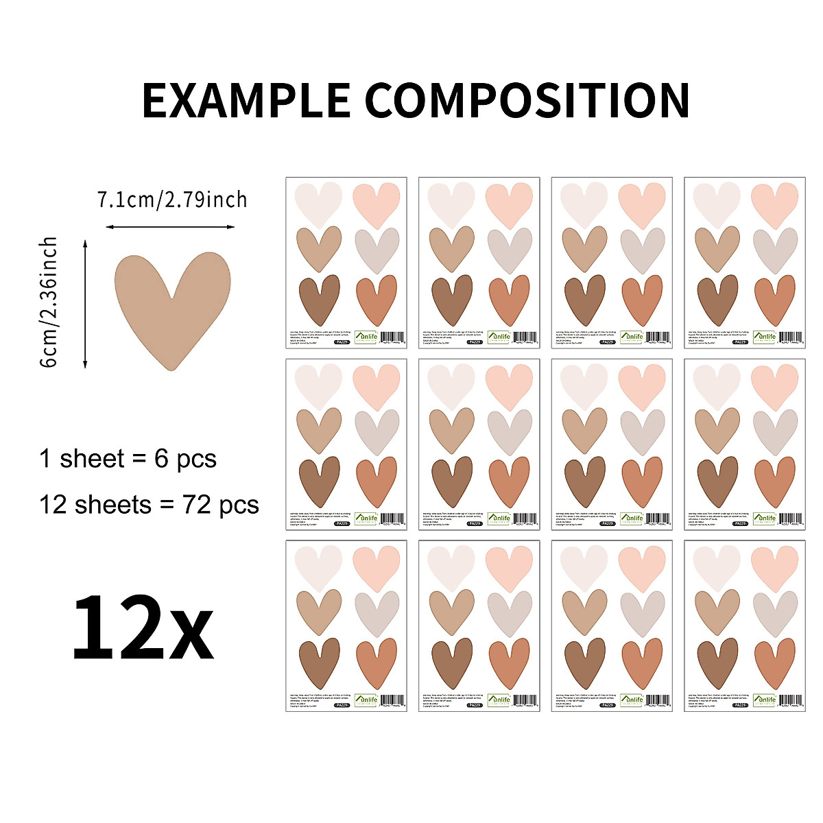 funlife 72 PCS Boho Wall Decals Peel and Stick, Muted Boho Hearts Wall Stickers, Pastel Hearts Wall Art Stickers for Kids Room Bedroom Playroom Nursery Room, 2.79" x 2.36"