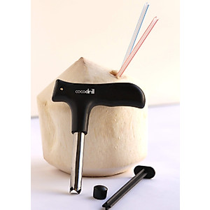 CocoDrill Coconut Opener Tool + 5 Reusable Straws -COMBO PACK - Stainless Steel Drinking - 1 metal straw + Cleaner - Eco Friendly, SAFE, NON-TOXIC