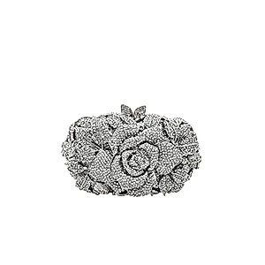 DEBIMY Rose Flower Crystal Purses Sparkly Rhinestone Evening Clutch for Women Wedding Party Cocktail Handbags Silver