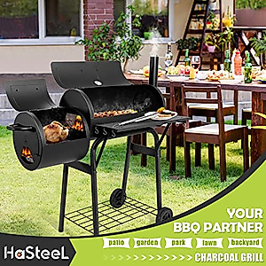 HaSteeL Outdoor BBQ Grill, Barrel Charcoal Grill with Offset Smoker, Camping Barbecue Grill for Patio Backyard Garden Picnic, Large 356.SQ.IN Cooking Area, 2 Screwdrivers & 6 Hooks (Black)