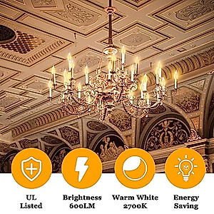 LONIUTO LED Light Bulbs 60 Watt Equivalent, Vintage LED Flame Tip Candelabra Bulb, E12 LED Bulb Dimmable 2700K Soft Warm White, E12 LED Bulb Clear Glass, for Chandeliers, Ceiling Fan, Pendant, 6 Pack