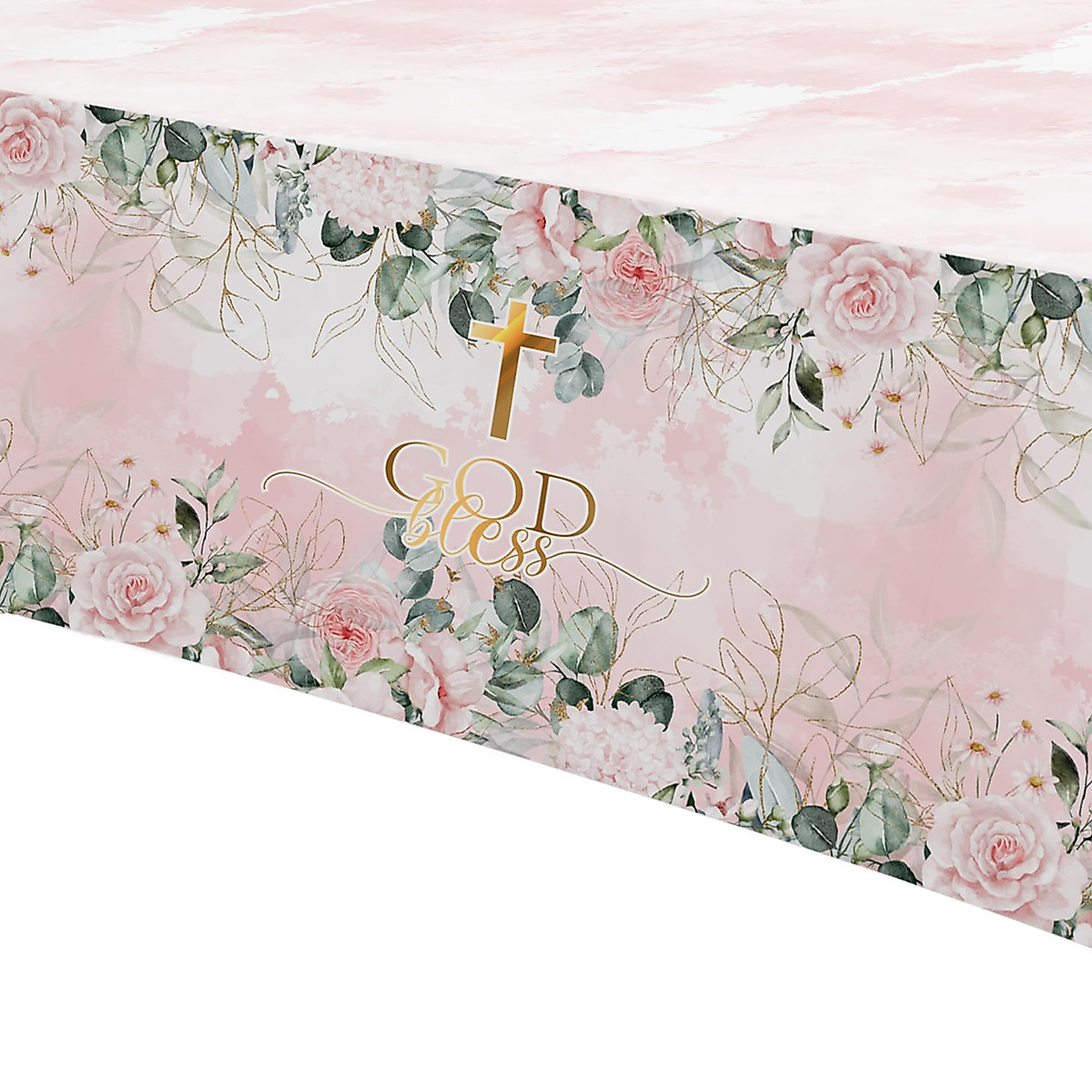 Suhelkit God Bless Baptism Decorations Tablecloth Girls - First Communion Decorations Party Table Cover, Pink Christening Celebration Baby Shower Religious Table Cloth, 3 Pack (54in x 108in)