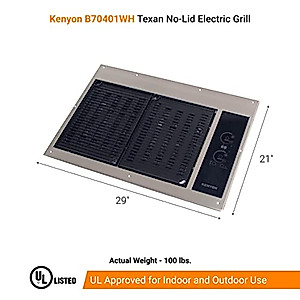 Kenyon Texan No-Lid Electric Grill, Stainless Steel Grill With Two Burners And Non-Stick Coating, Quick Heat Up, Standard Lite-Touch Control, UL-Approved For Indoor And Outdoor Use, 240V