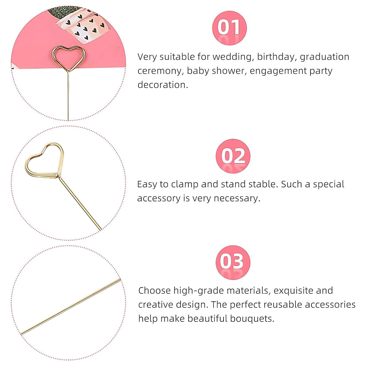 30 Pcs Floral Metal Place Card Holder Picks, Heart Loop Shape Flower Pick, Clips Picture Holders, Flower Gift Card Holder, Gold Heart Floral Picks Clip Floral Pick, for Photo Picture Memo Party