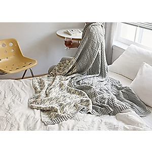 GunziStreet 100% Pure Cotton Knitting Throw Blanket Houndstooth Thousand-Bird Pattern Splicing Nordic Style Soft Warm Home Decor for Bed Couch Bedroom (Light Gray, 51x63)