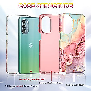 Btscase for Moto G Stylus 5G 2022 Case (NOT FIT 4G), Marble 3 in 1 Heavy Duty Shockproof Full Body Rugged Hard PC+Soft Silicone Drop Protective Women Girl Cover for Moto G Stylus 5G 2022, Rose Gold