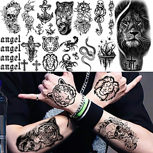 FANRUI 22 Sheets Realistic Black Animals Temporary Tattoos For Women Men Half Arm Sleeve, 3D Large Tribal Tiger Lion Death Skull Fake Tattoo Stickers Halloween, Flower Compass Wolf Owl Tatoos Anchor