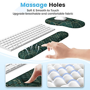 HAOCOO Ergonomic Mouse Pad with Wrist Rest and Keyboard Wrist Rest, 3 PCS Computer Carpal Tunnel Mouse Pads Set for Desk with Coaster, Memory Foam Mousepad Support for Office Laptop, Green Palm Leaves