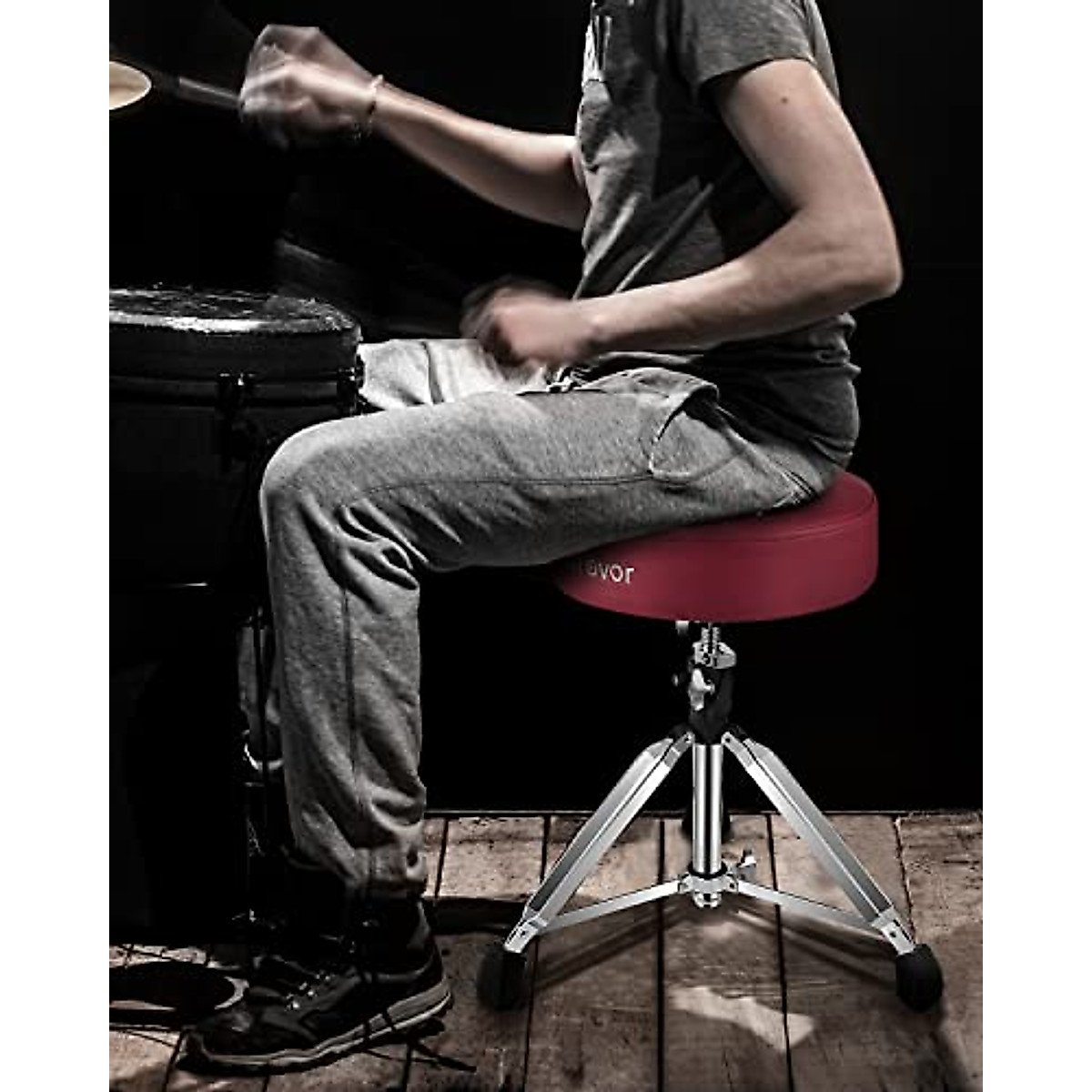 Starfavor Drum Throne Adjustable, Drum Stool Padded Drum Seat, Rotatable Drum Chair with Double Braced Anti-Slip Feet, Crimson Color, Red, ST-650 Stone