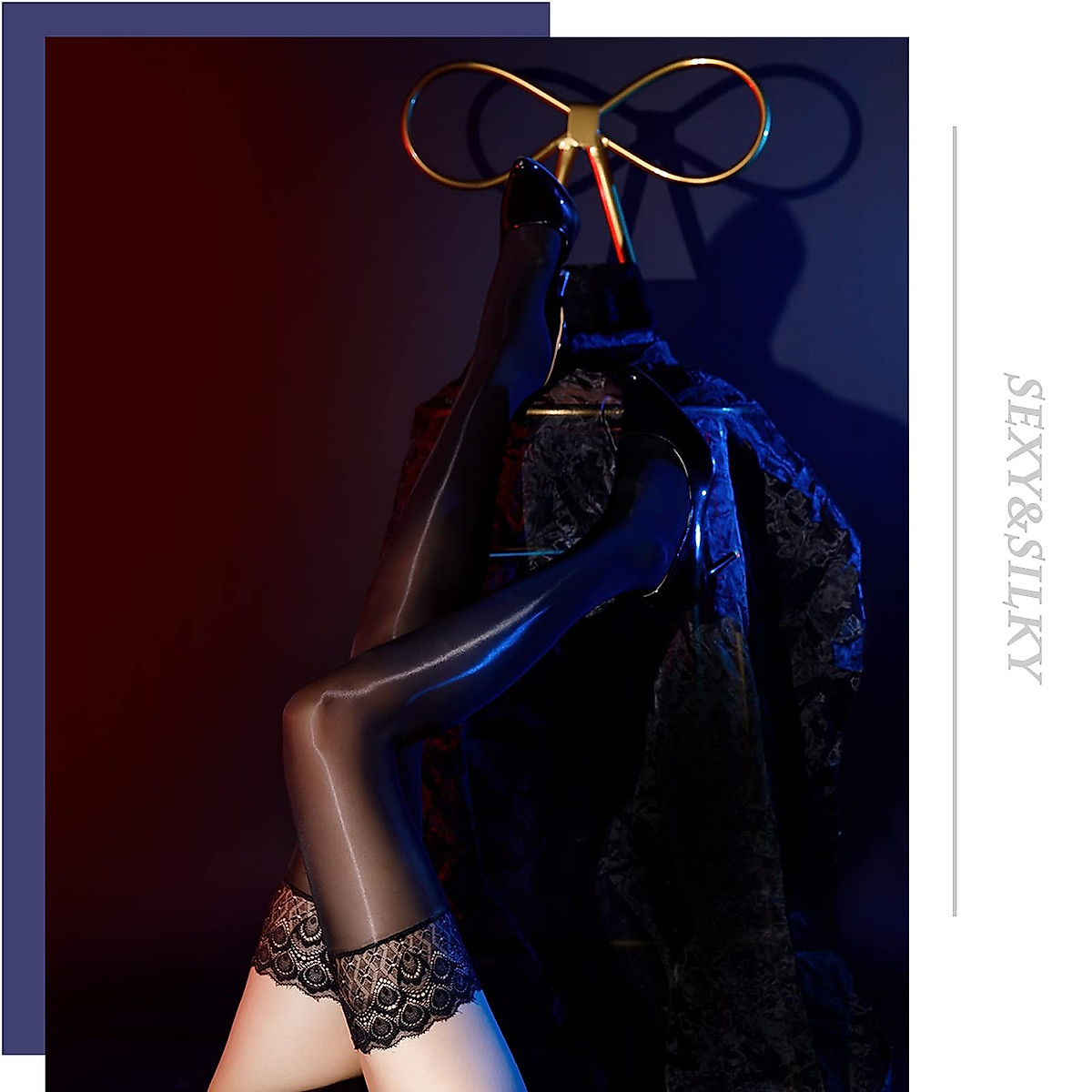 RUIBAVYA Shiny Thigh High Stockings 5D Peacock Lace Silicone Silk Stockings Sheer Thigh High Nylon Stay Up