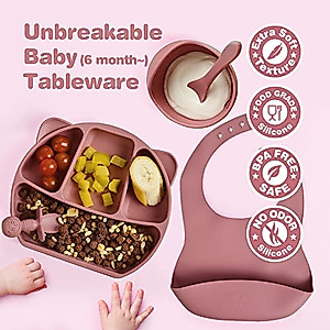 Pink Baby Feeding Set – Baby Feeding Supplies Set with Bib, Sippy Cup, First Stage Toddler Utensils, Suction Bowl, Divided Plate, Baby Spoon and Fork – Food-Grade Silicone Baby Led Weaning Supplies