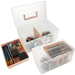 CYEAH 2 Pcs 2 Layer Clear Plastic Dividing Storage Box with Removable Tray, Multipurpose Storage Box with Handle, Craft Organizers and Storage Clear Storage Container for Art Craft Sewing Supplies