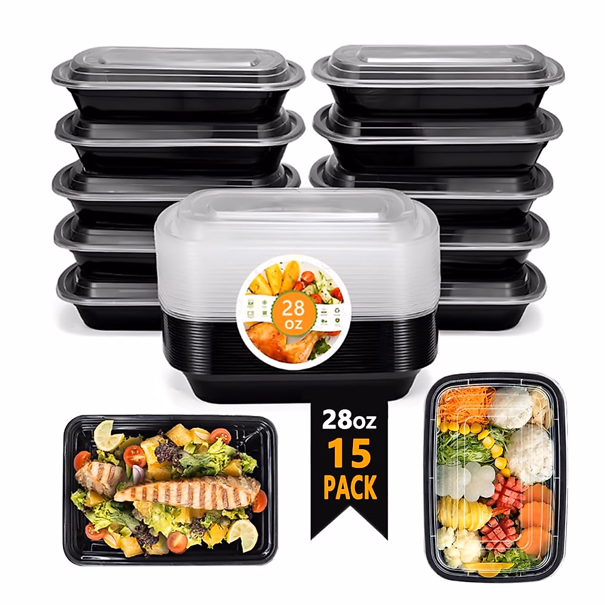 BNNIUCWE 15 Pack 28 Oz Reusable Meal Prep Containers with Lids/Food Storage Containers/Takeaway Disposable Lunch Boxes Leakproof | Dishwasher Freezer Microwave Safe/One Compartment