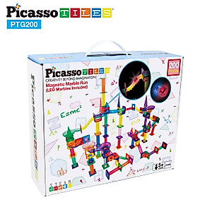 PicassoTiles 200 Piece Magnetic Marble Run Marbles for Kids Race Track Toy Set Marble Maze Sensory Toys for Toddlers STEM Educational Magnet Building Blocks Construction Building Tiles Boys Girls 3+